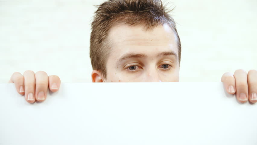 Person Peek Over A Wall Left And Right In Slow Motion 4K. Close Up Of ...