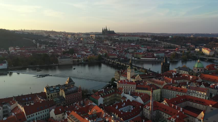 Panorama of Charles Bridge over the river in Prague, Czech Republic ...