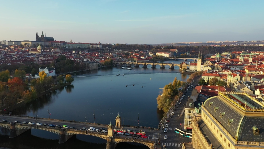 Panorama of Charles Bridge over the river in Prague, Czech Republic ...