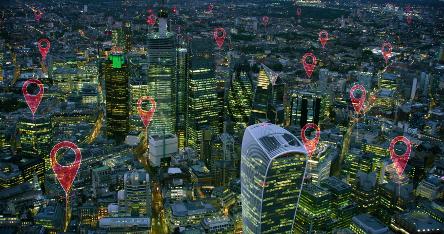 Aerial Smart City. Localization Icons Stock Footage Video (100% Royalty ...