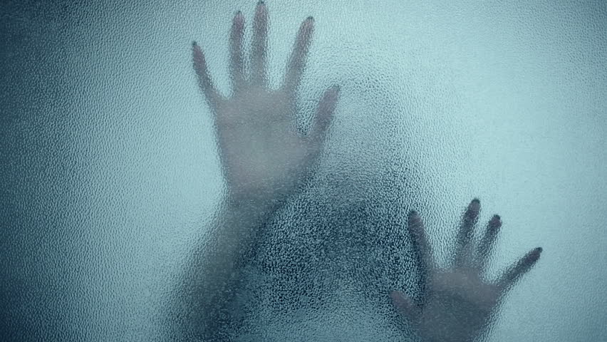 Female Hand And Head, Spooky Shadows On The Glass Wall, In Full HD ...