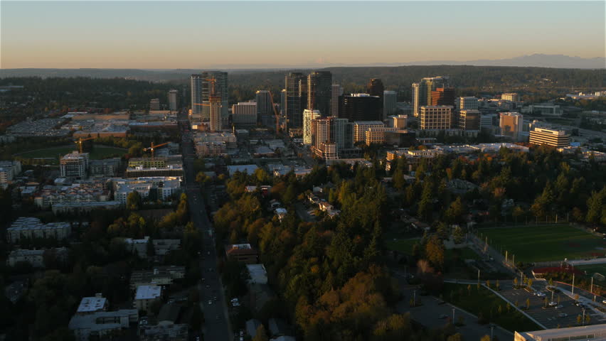 City Of Bellevue, Washington Aerial View At Dusk With MT Rainier In ...