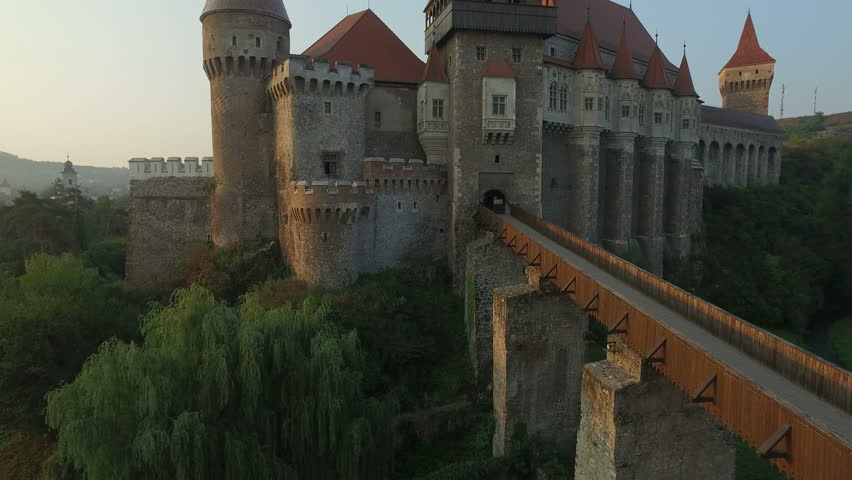 4K Aerial Shot Of The Corvin Castle At Dawn A Gothic-Renaissance Castle ...