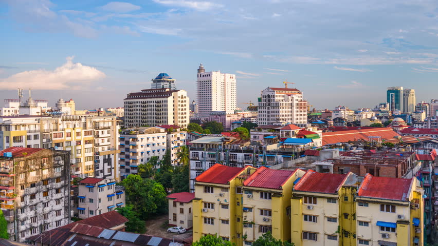 Panoramic View Of Yangon, Myanmar At Sunrise With Moving Shadows And ...