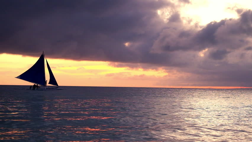 Amazing Colors Of Tropical Sunset. Sail Boats Silhouettes Floating On ...