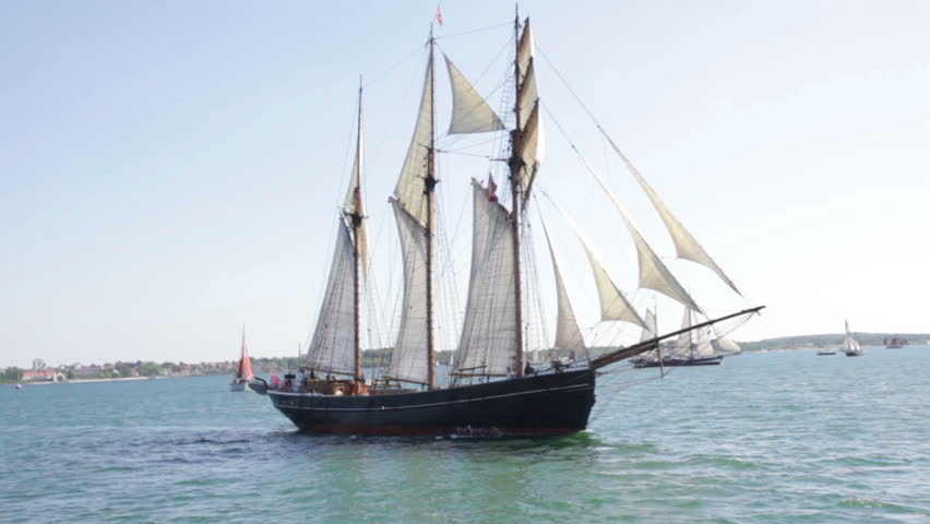 Historical Reenactment Of HMS Bounty Ship On Rhode Island. CU Bow Of ...
