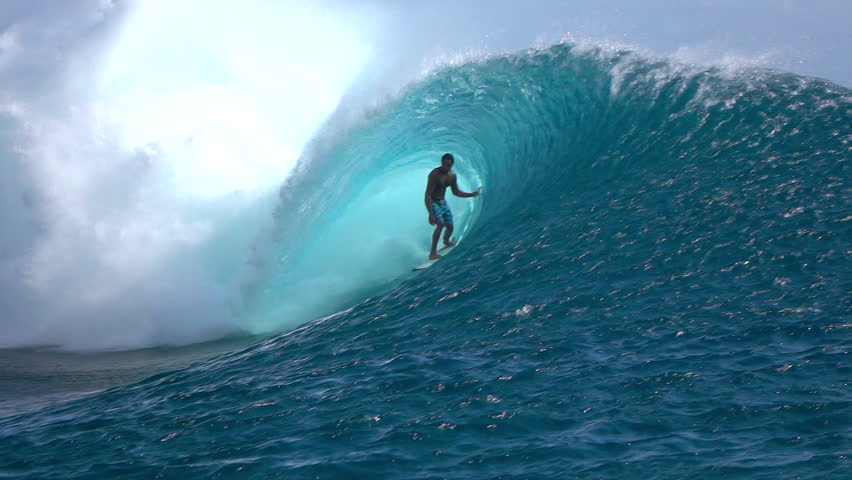 SLOW MOTION: Cheerful Extreme Pro Surfer Surfing Big Tube Barrel Wave ...