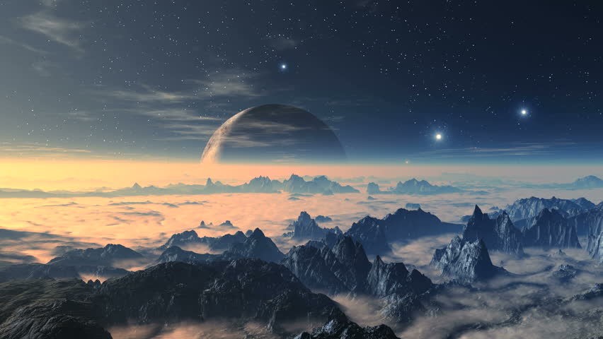 Alien Planet, Moon, And Nebula. The Camera Flies Over Mountains And ...