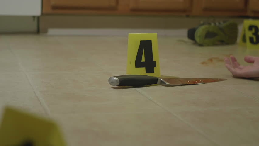 Crime Scene In Home Kitchen. CSI Markers And Evidence On Floor. Stock ...