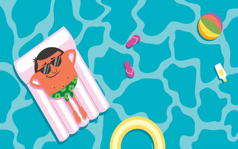 Cartoon Yellow Air Mattress And Swimming Wheel Floating On Blue ...