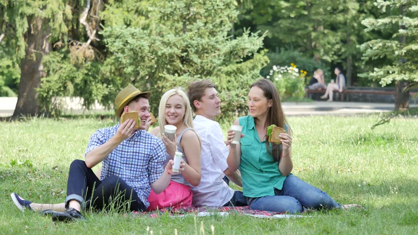 Young People Eating Sandwiches And Drinking Juice, Have Picnic On A ...