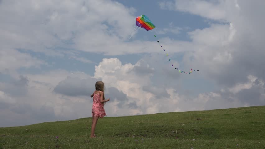 4K Child Playing Kite In Park, Girl Have Fun Outdoor In Nature On Grass ...