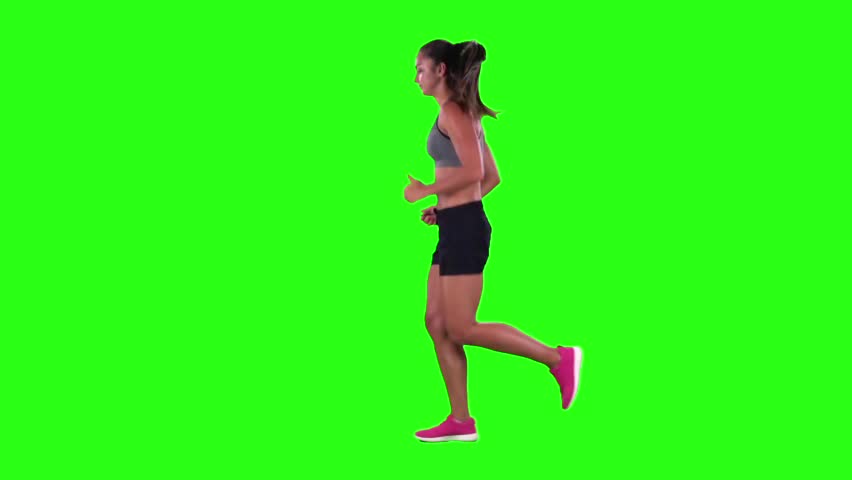 Woman Running In A Full Body Sideways Shot. Green Screen. Slow Motion ...