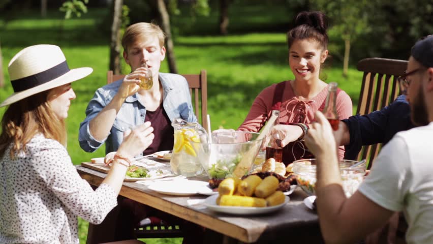 Leisure, Holidays, Eating, People And Food Concept - Happy Friends ...