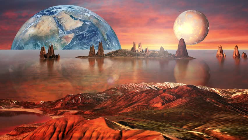 Alien Planet Reflected In Water. A Large Blue Planet Rotates Slowly In ...