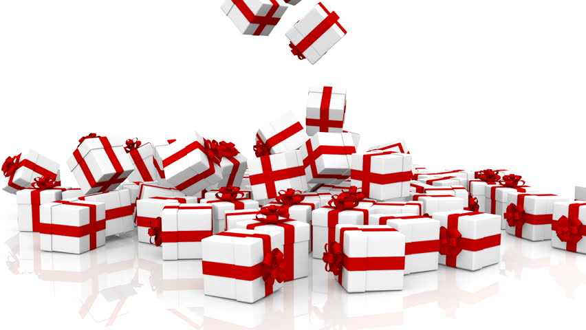 Gift Boxes Falling On The Ground. A Lot Of Christmas Gifts. Alpha ...