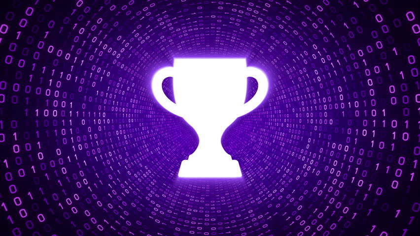 White Trophy Cup Icon Form White Binary Tunnel On Violet Background. Digital Achievement Concept ...