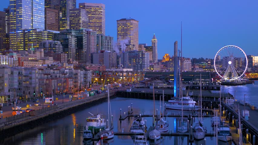 Boat Is Sailing Along The River Or Sea Bay At Night, Lights Of A City ...