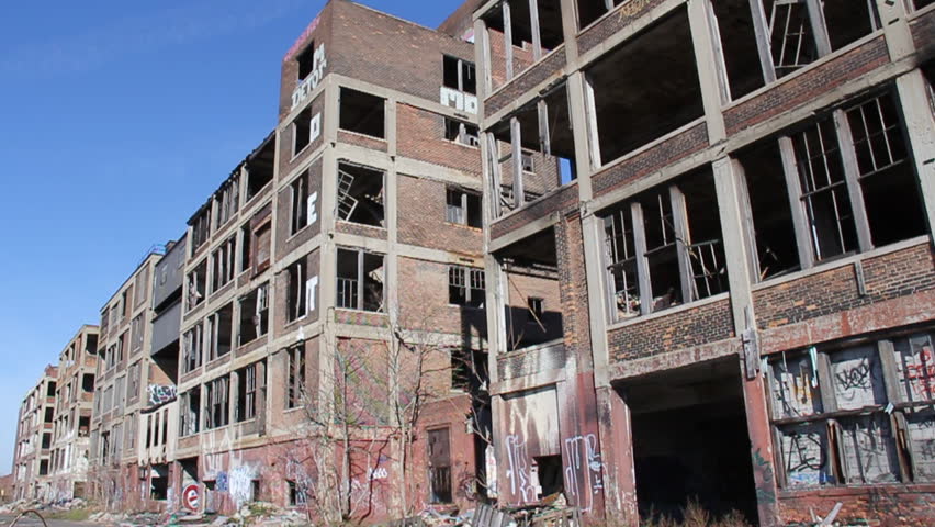 Exterior Of Ruined Abandoned Building In Detroit Stock