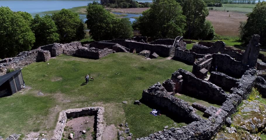 Kuusisto Castle Ruins, Cinema 4k Aerial View Of A Flight Up And ...