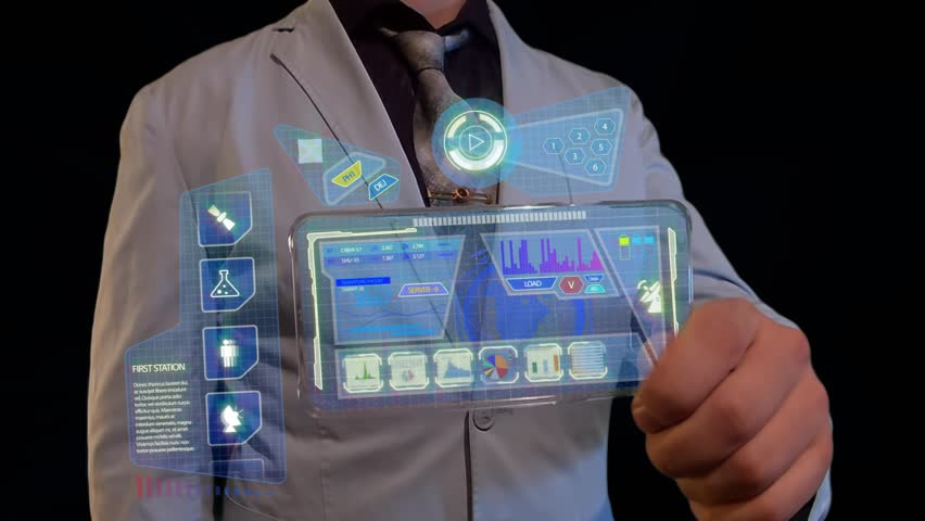 A Doctor Looks At A Futuristic Mobile Health Device. Stock Footage ...