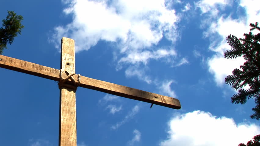Old Rugged Wooden Cross With Time Lapse Sky Of Blue And White, Fast ...