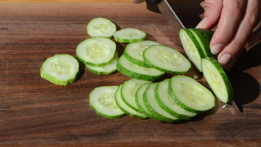 Female Hand Cut Chop Slice Green Ecologic Cucumber In Small Pieces With ...