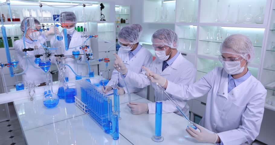 Big Lab Team Of Scientific Biochemists Analyzing Liquid Samples Talk ...