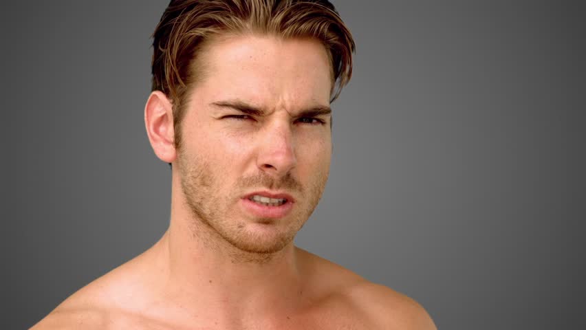 Close Up Portrait Of Caucasian Male Model Posing On Gray Background ...