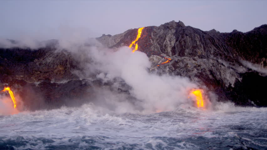 Tourist Looking At Volcanic Eruption Lava Flowing Into The Ocean. Steam ...