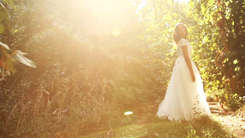 Fairy Tale Princess Bride Walking In Enchanted Forest Sunset Rays Bride ...