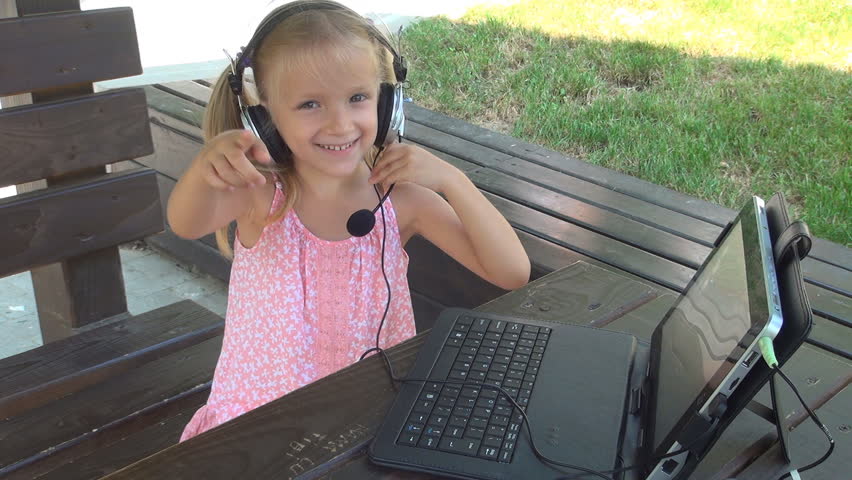Child Playing, Dancing While Listening Music On Tablet, Computer, PC ...