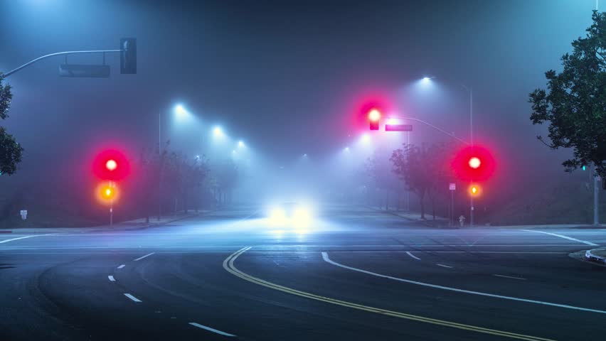 4K. Street Intersection Traffic At Foggy Night In Los Angeles ...