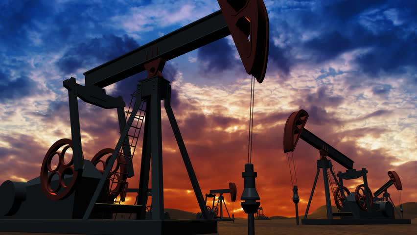 Silhouettes Of Oil Pumps Working. Seamless Loop. Sun Rays In The ...