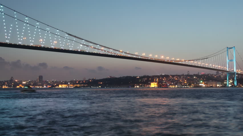 Suspended Bridge With Red Lighting At Night In Istanbul, Turkey. FSM ...