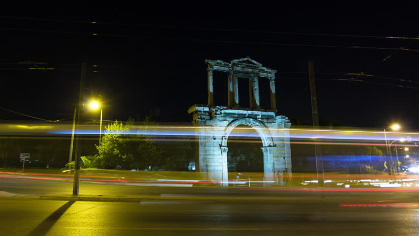 4K Athens Gate Of Hadrian Roman Ruins Night Traffic Timelapse In Athens ...
