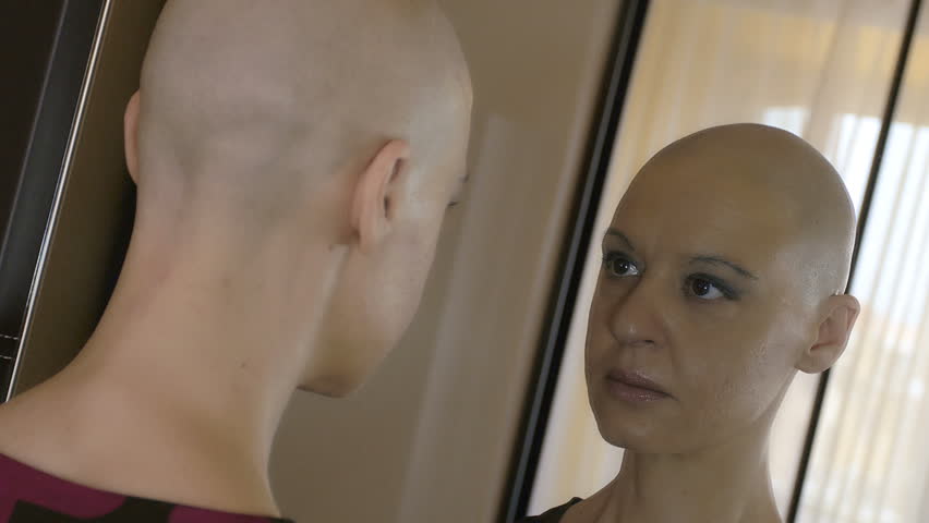 Sad Woman Suffering From Cancer At The Mirror Thinking: Loneliness ...