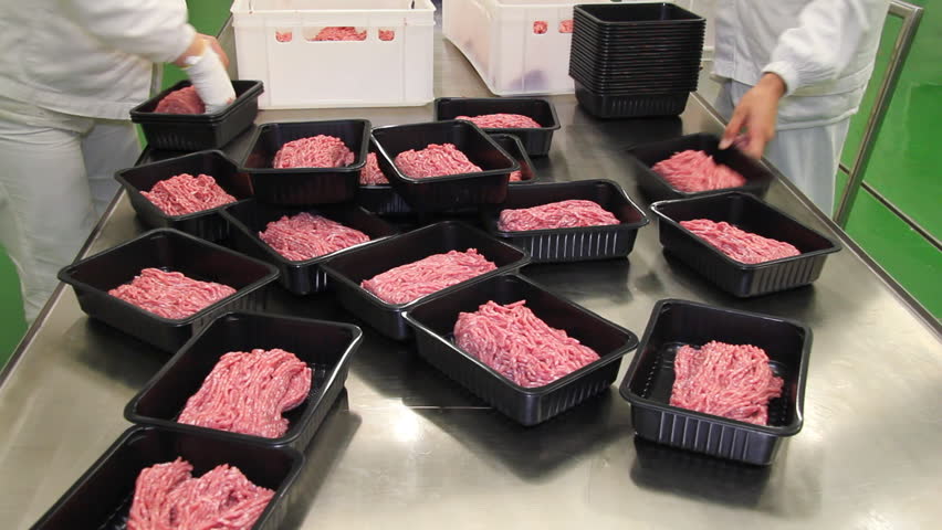 Packaging Fresh Meat Slices In Boxes / Workers Packing Fresh Meat ...
