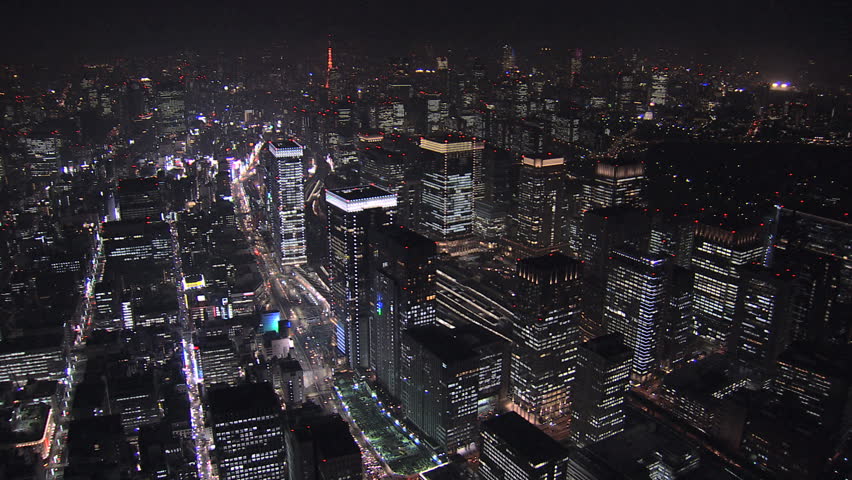 Aerial Metropolis Night Illuminated Entertainment Area Offices ...