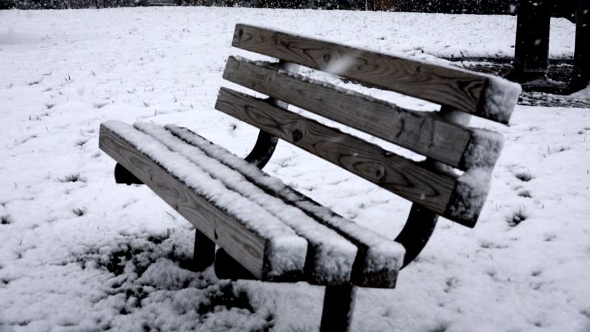 Light Snowfall In Cold Winter Day And Empty Bench Covered With Snow In ...