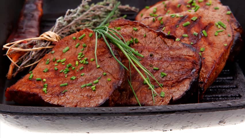 Meat Food : Roast Rib On Dark Dish With Thyme Pepper And Tomato On ...