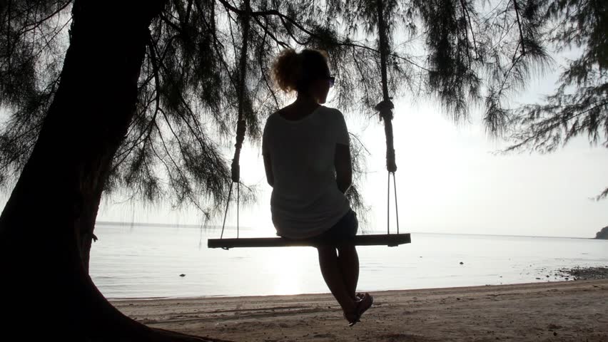 Woman Silhouette Over Sunset Sky, Black Shadow Of Female Body, Rear ...