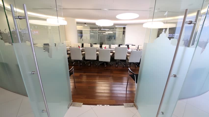 MOSCOW, RUSSIA - APR 10, 2014: Glass Wall And Open Door Of Meeting Room ...