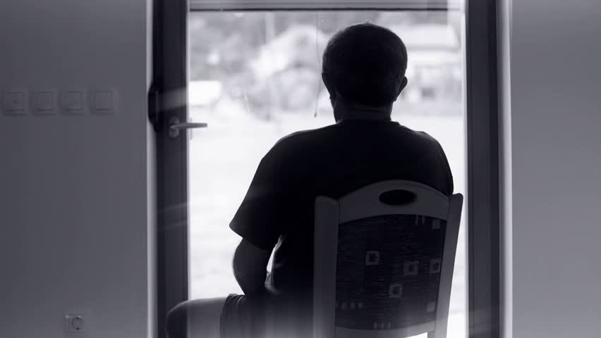 Depressed Person Watching Through Windows. Person Portrait From Back ...