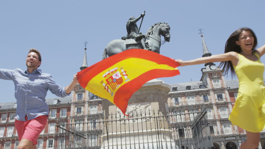 Madrid People Showing Spain Flag On Plaza Mayor Cheerful And Happy In ...