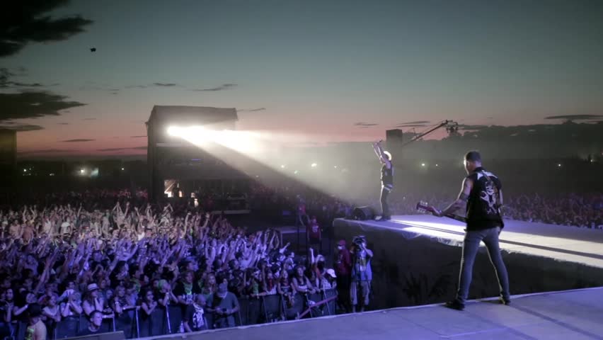 Rock Guitarist Band On Open Air Live Music Show Cheering Crowd In ...